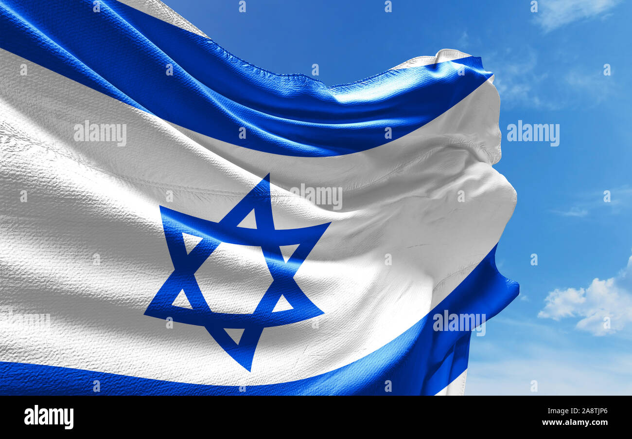 Israeli flag is waving against blue sky with clouds. Realistic ...