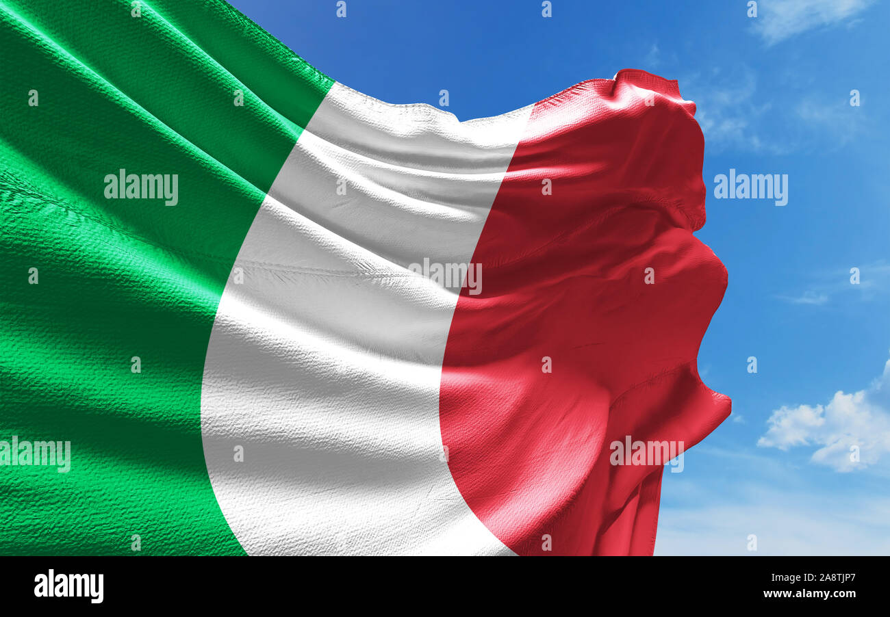 Italian flag is waving against blue sky with clouds. Realistic ...