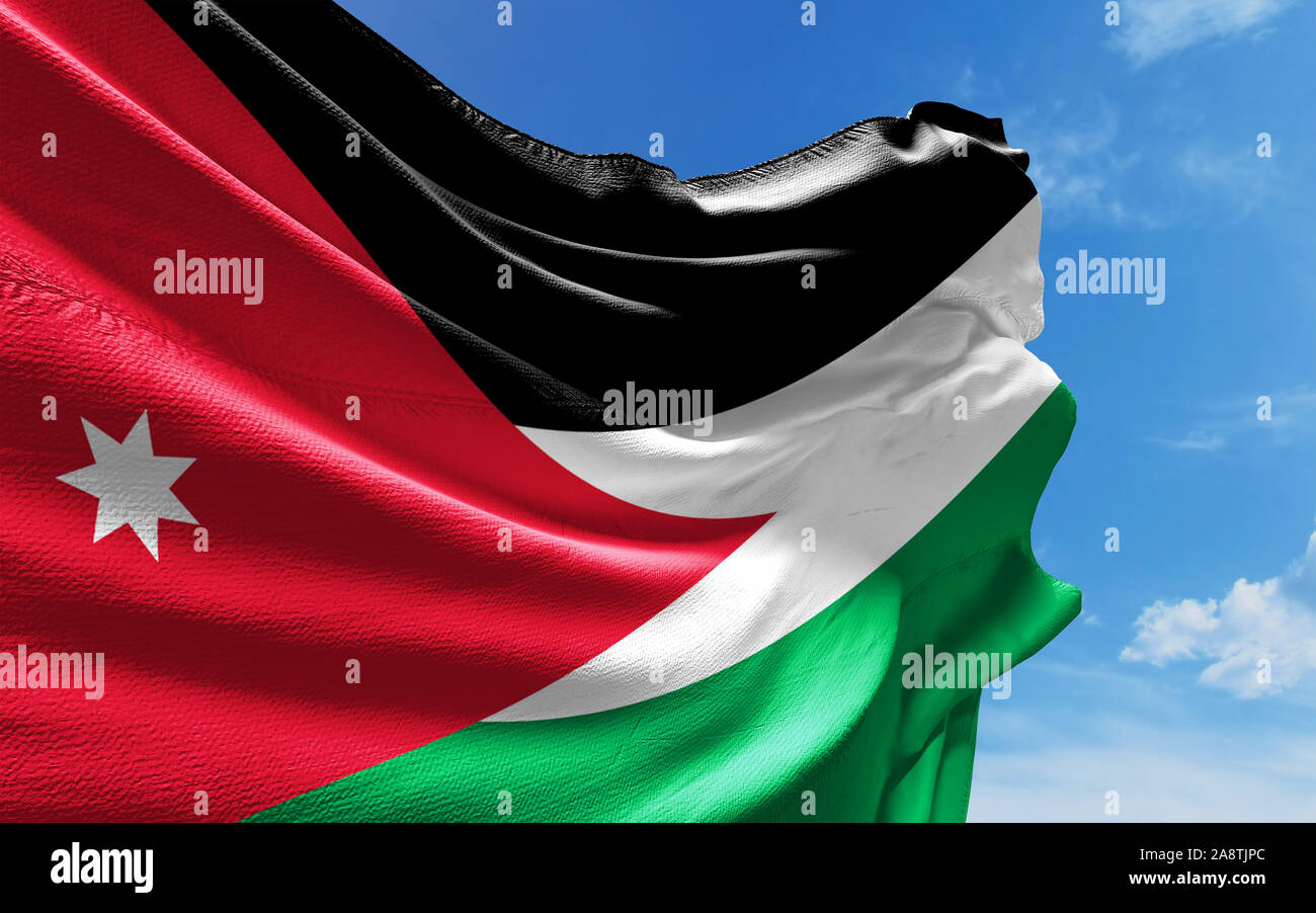 Jordan flag is waving against blue sky with clouds. Realistic ...