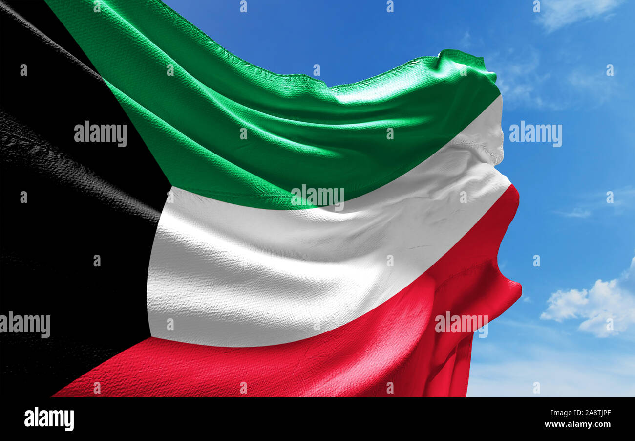 Kuwait flag is waving against blue sky with clouds. Realistic ...
