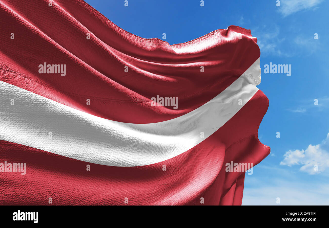 Latvian flag is waving against blue sky with clouds. Realistic reflections and textures with ...