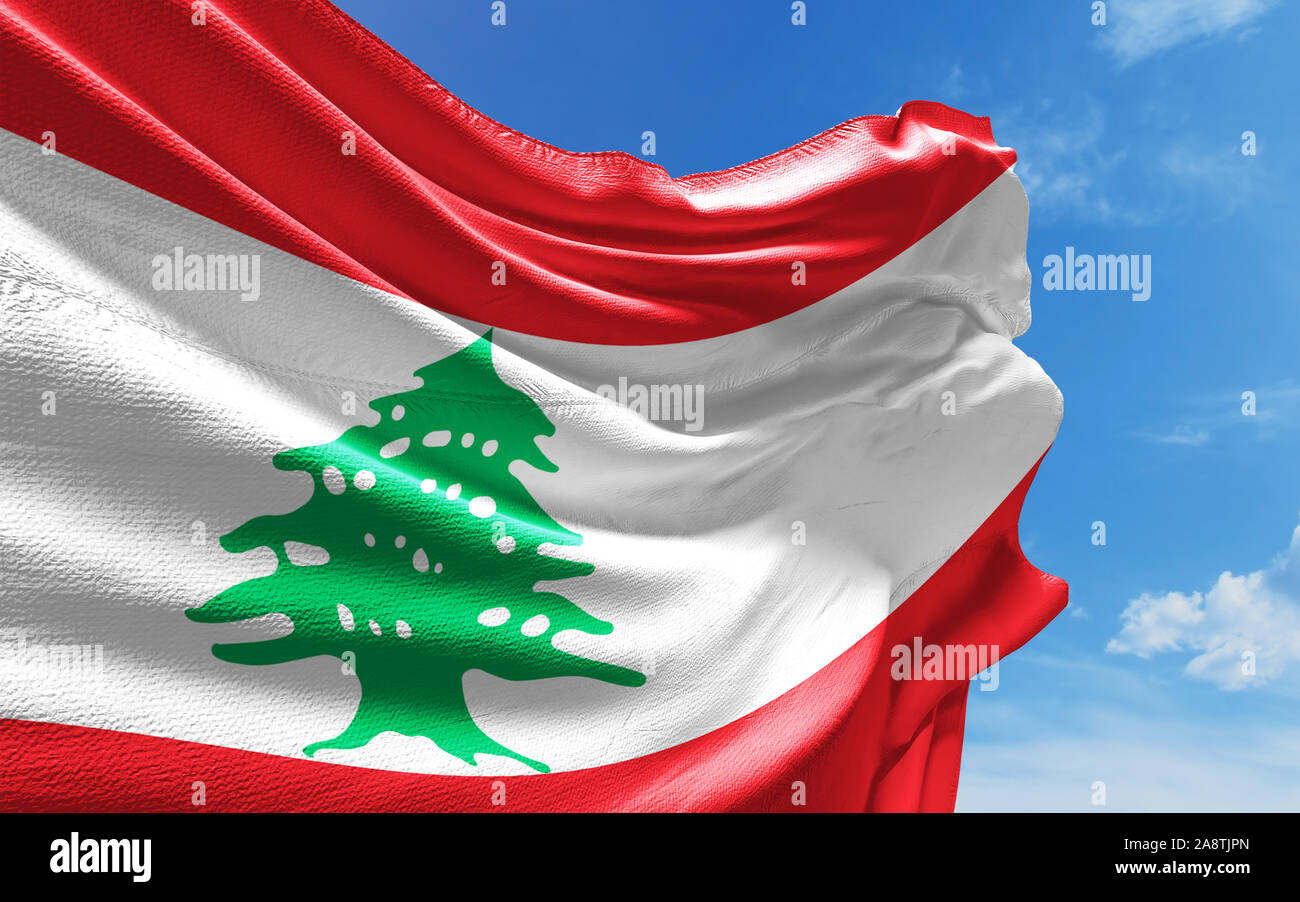 Lebanese flag is waving against blue sky with clouds. Realistic ...