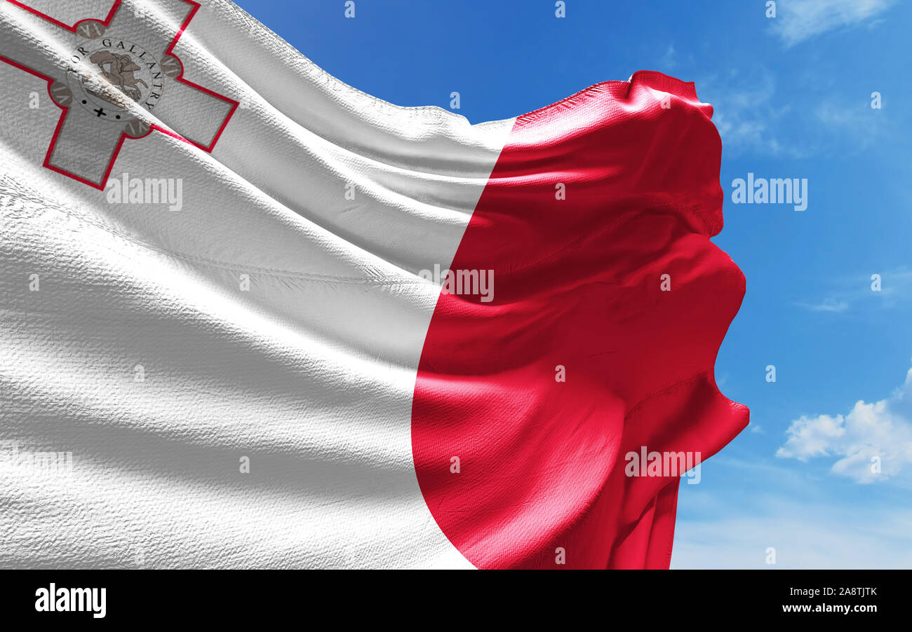 Maltese flag is waving against blue sky with clouds. Realistic ...