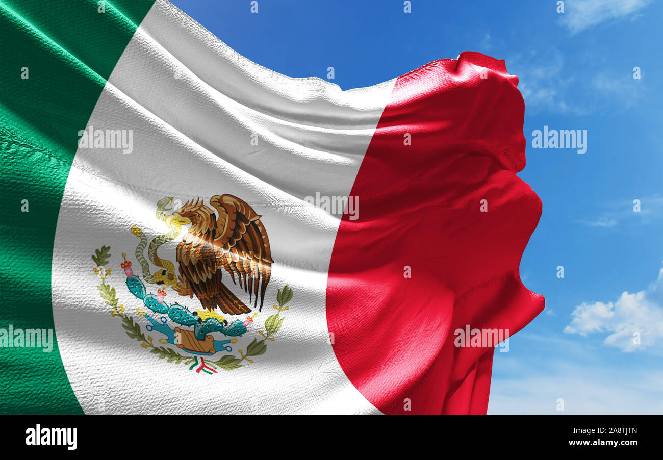 Mexican flag is waving against blue sky with clouds. Realistic ...