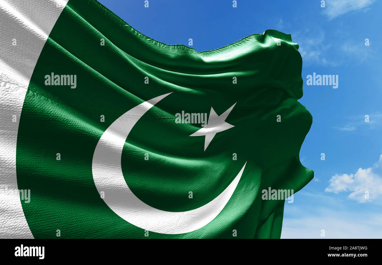 Pakistani flag is waving against blue sky with clouds. Realistic ...