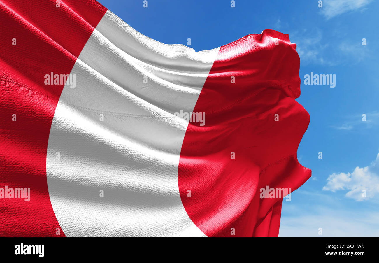 Peru flag is waving against blue sky with clouds. Realistic reflections ...