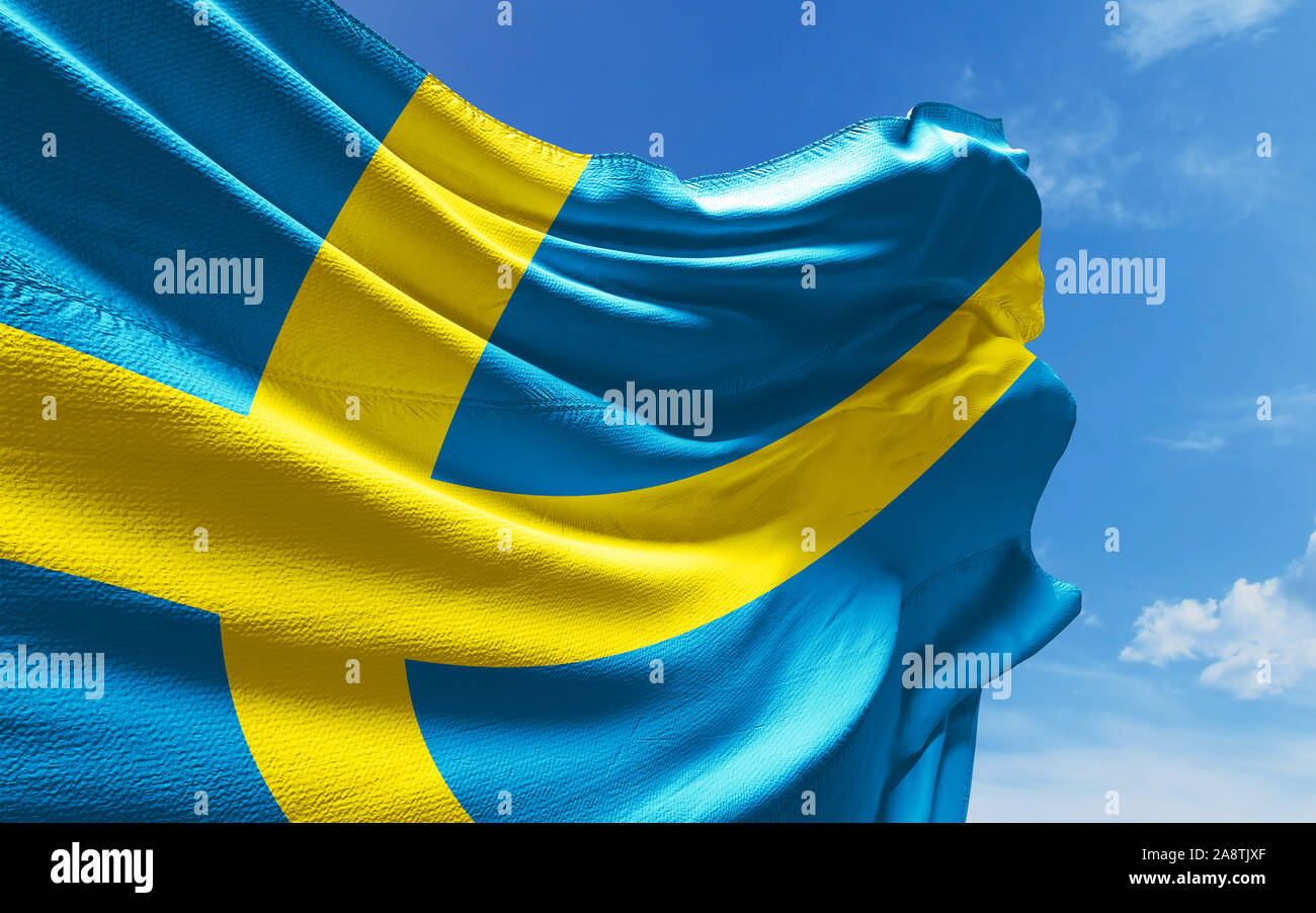 Swedish flag is waving against blue sky with clouds. Realistic ...