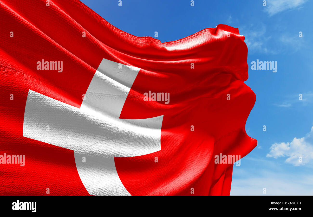 Swiss flag is waving against blue sky with clouds. Realistic ...
