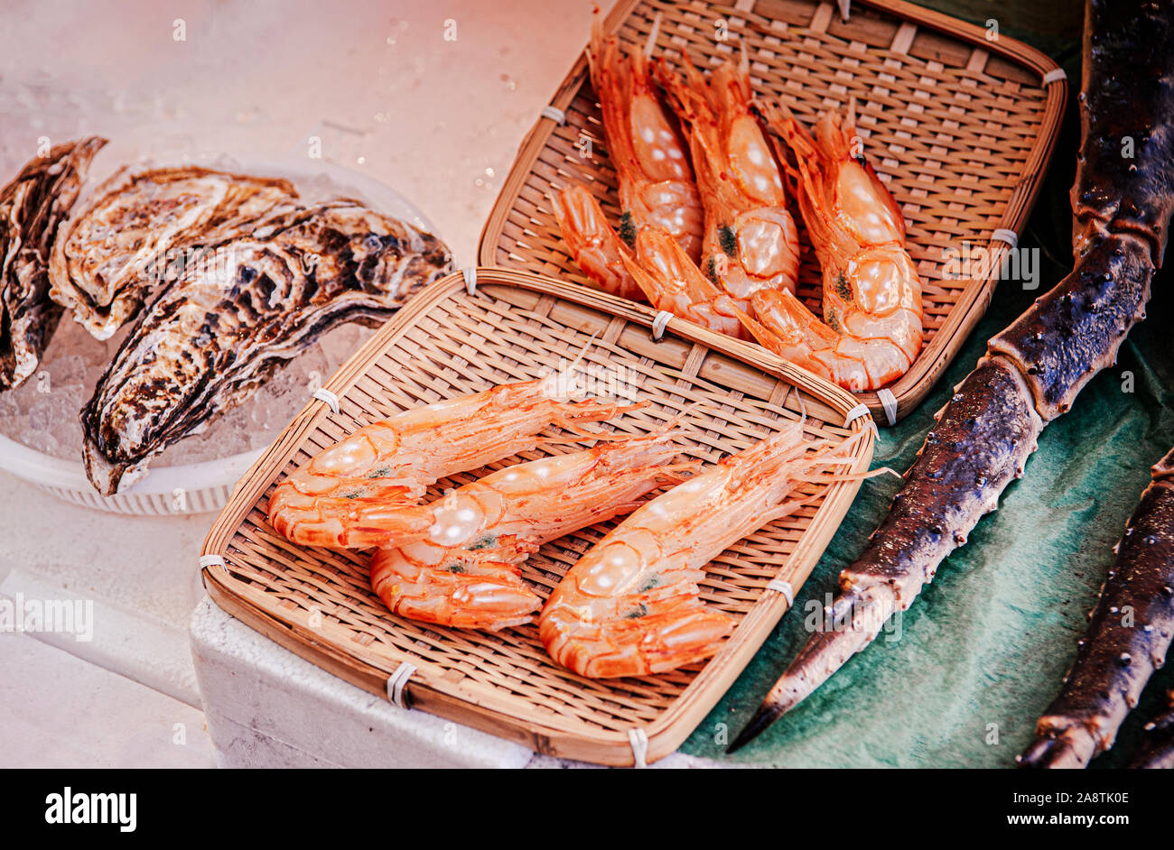Japanese fresh shrimp, oysters and King crab legs at Hakodate Asaichi ...