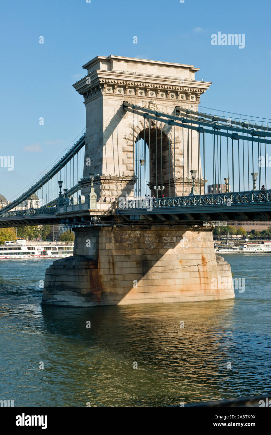 Tower of Budapest Chain Bridge. Looking toward Pest riverbank Stock ...