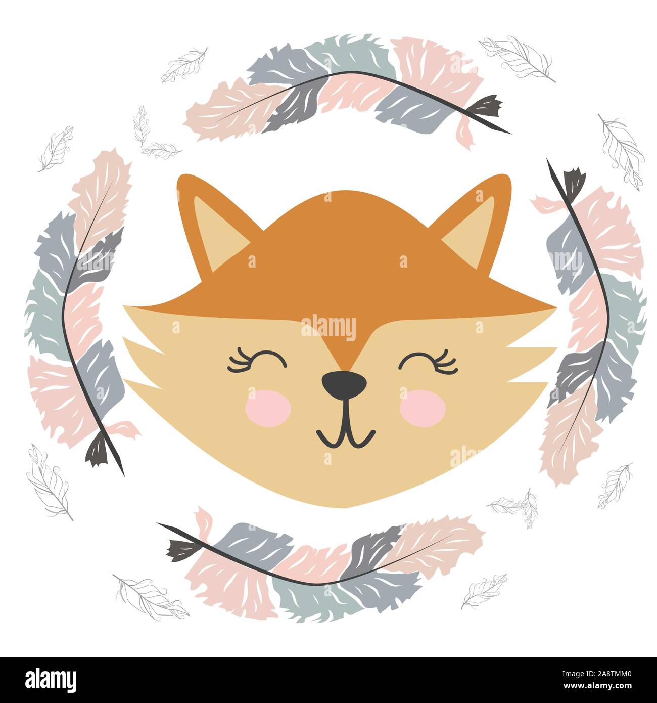 Cute little fox smiling face with graceful feather in the Scandinavian ...