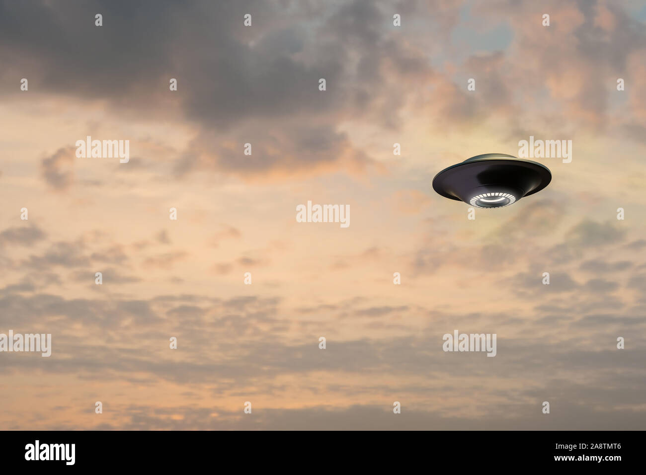 unidentified flying object floating in the sky 3d illustration Stock ...