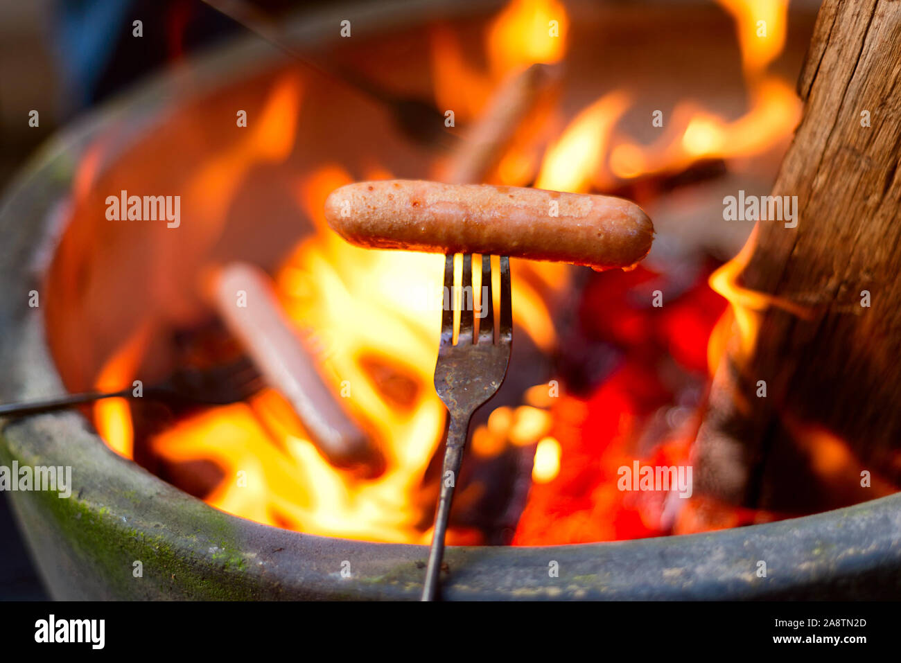 A photo of sausage sizzling on open fire during camping Stock Photo - Alamy