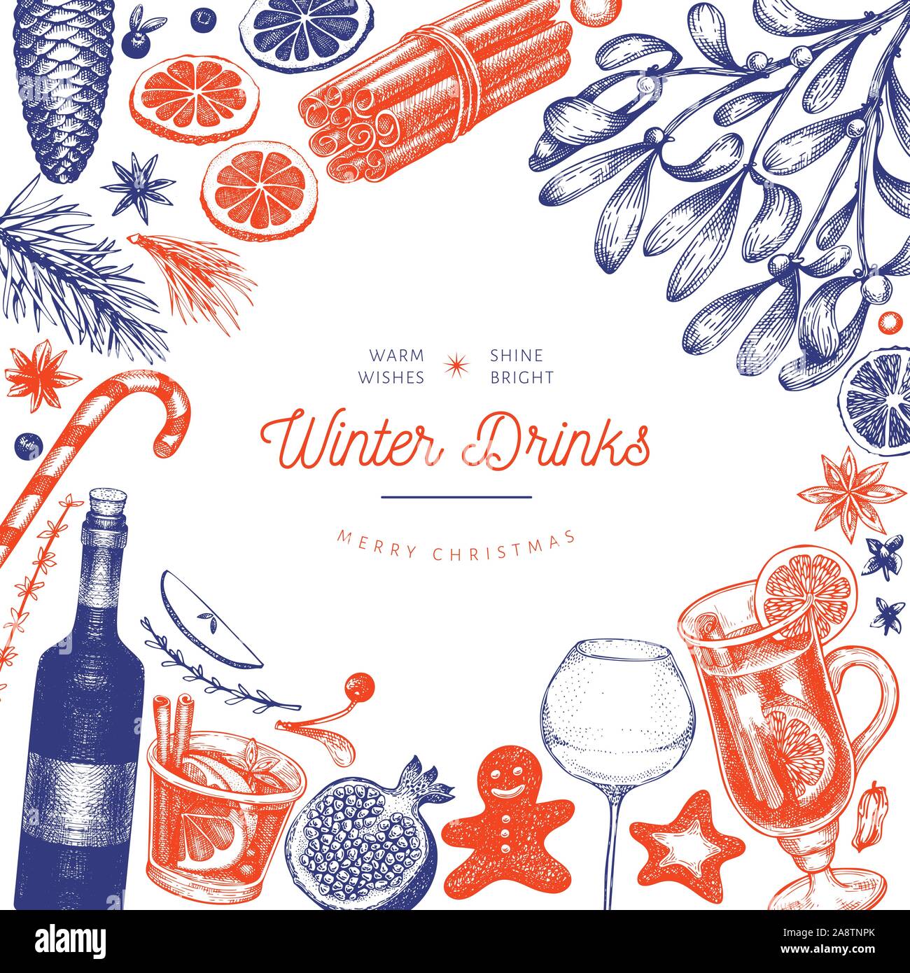 Winter drinks vector design template. Hand drawn engraved style mulled ...