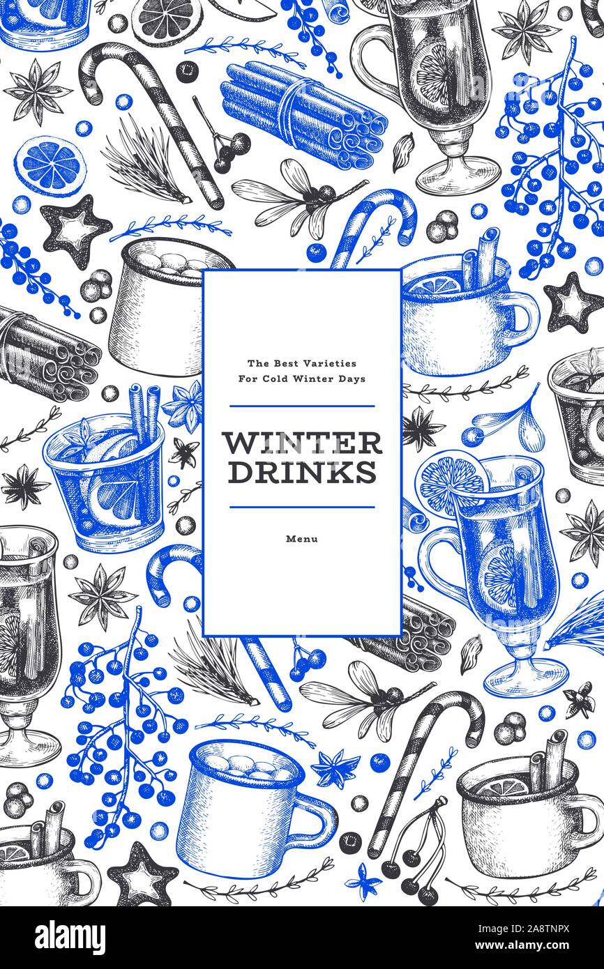 Winter drinks vector design template. Hand drawn engraved style mulled ...