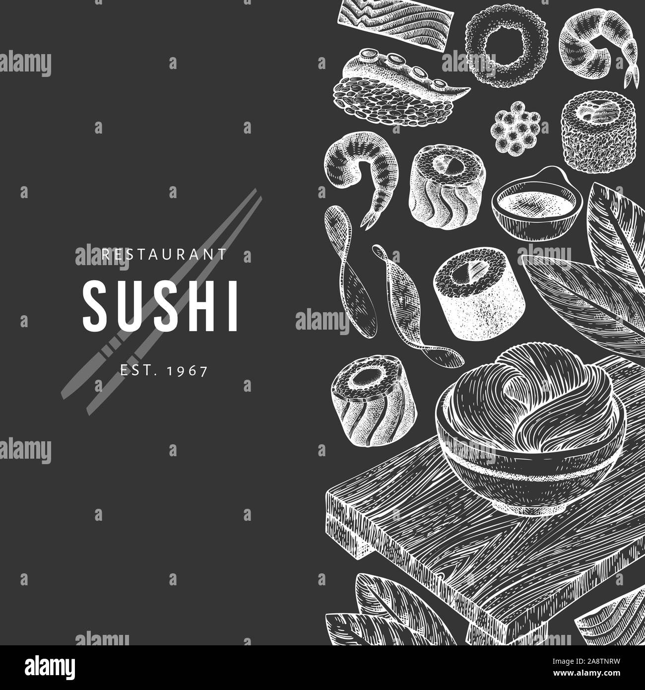 Japanese cuisine design template. Sushi hand drawn vector illustration ...