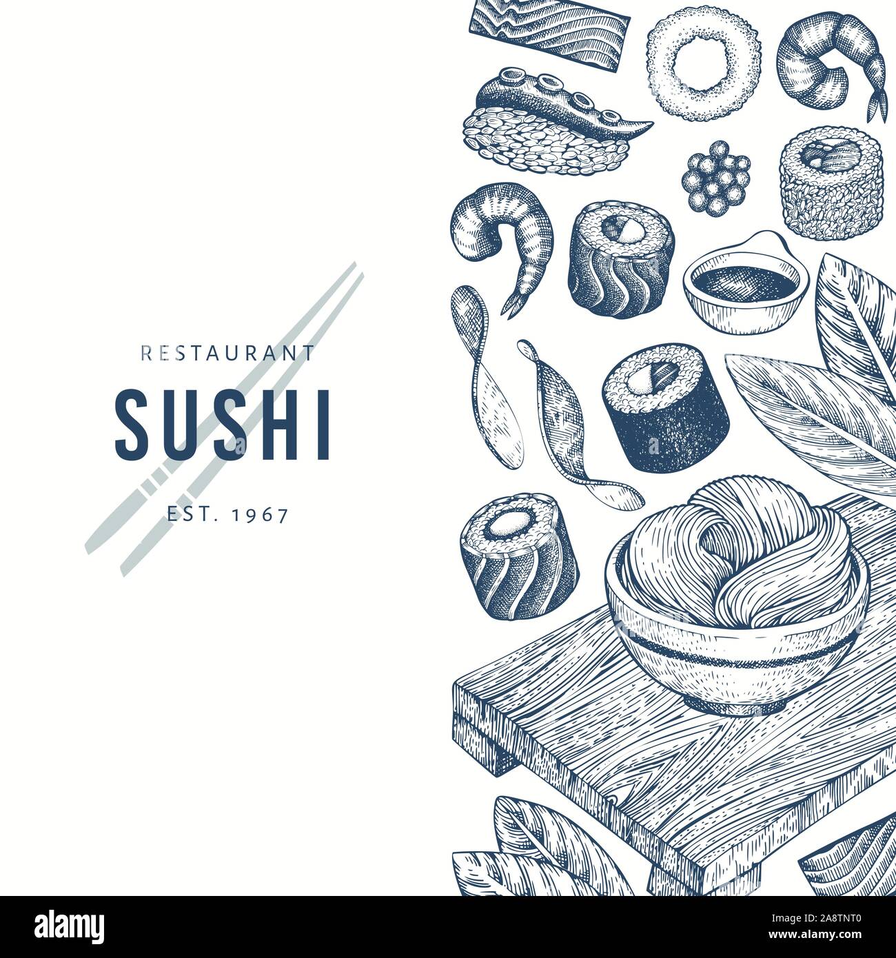 Japanese cuisine design template. Sushi hand drawn vector illustrations ...