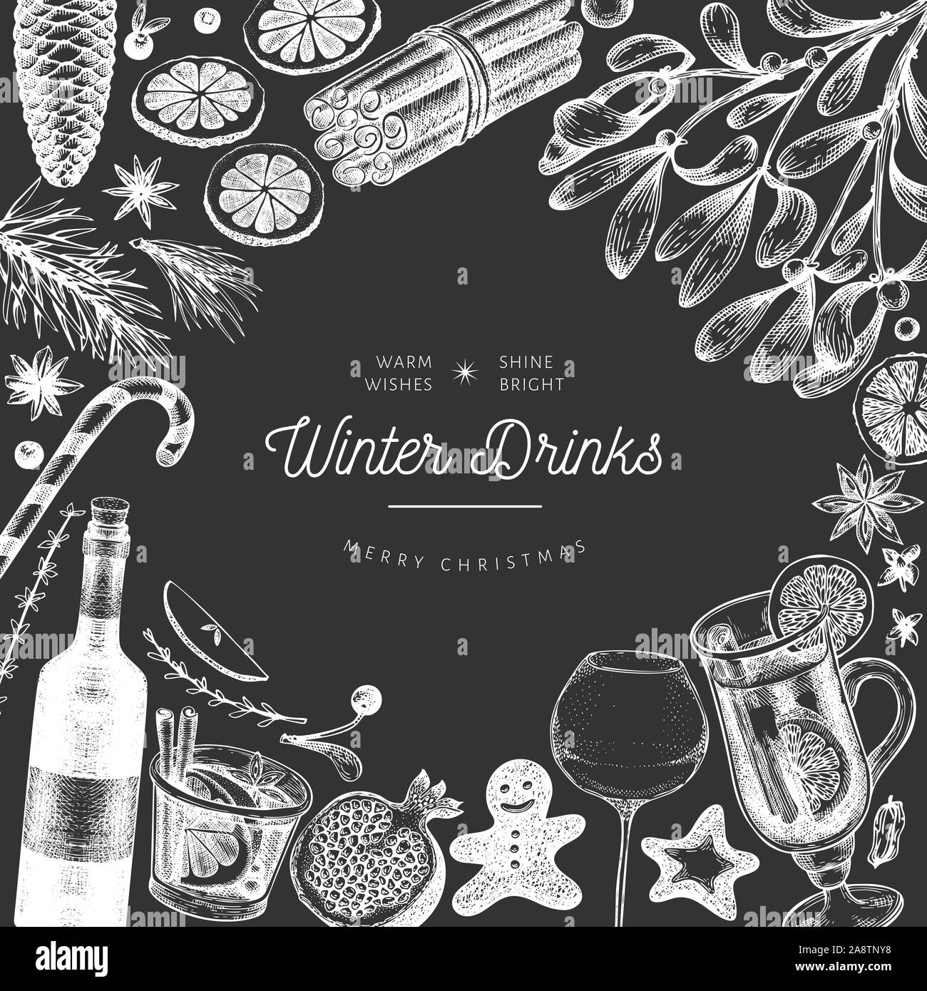 Winter drinks vector design template. Hand drawn engraved style mulled ...