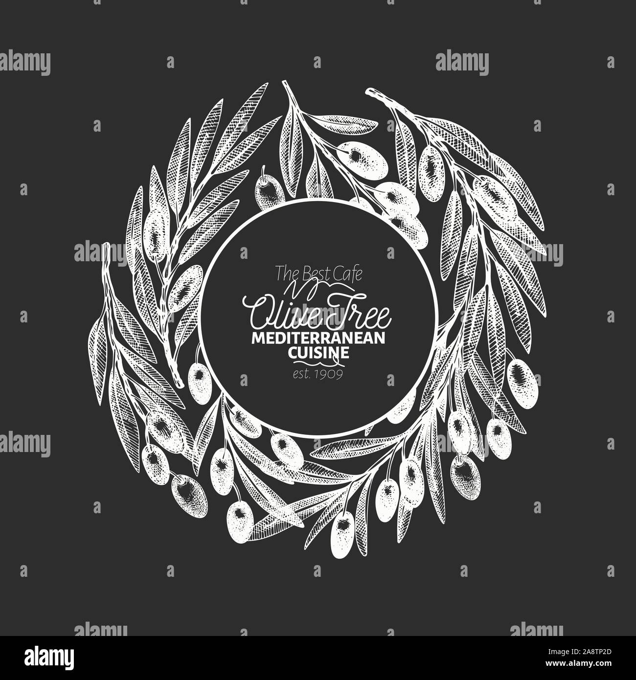 Olive branch design template. Hand drawn vector food illustration on ...