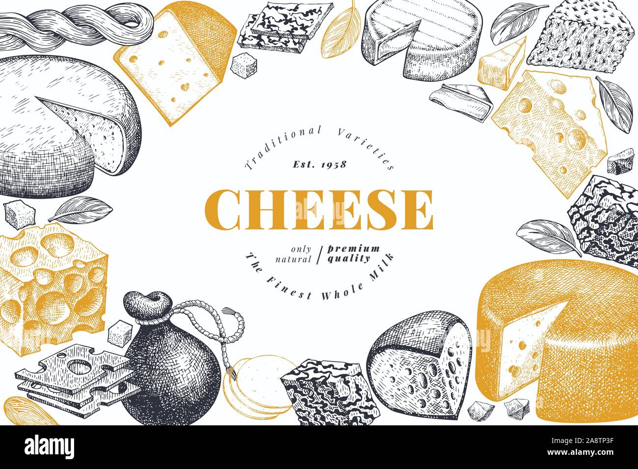 Cheese design template. Hand drawn vector dairy illustration. Engraved ...