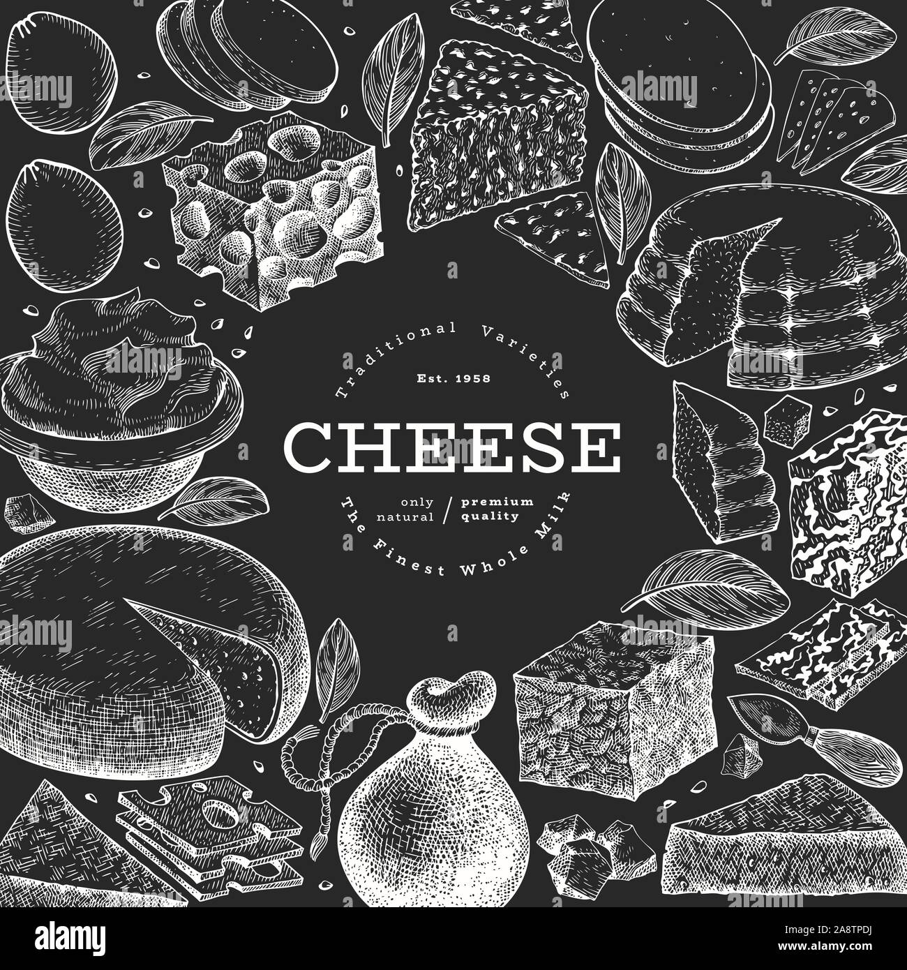 Cheese design template. Hand drawn vector dairy illustration on chalk ...