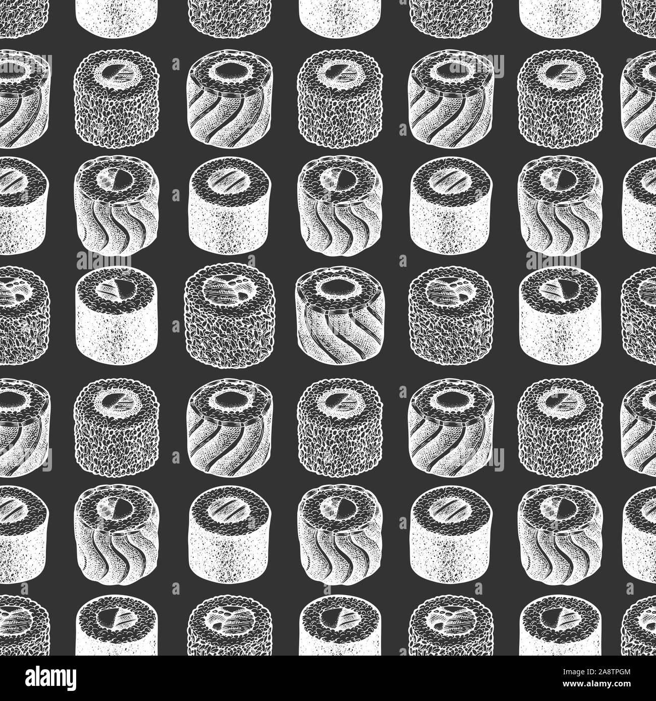 Sushi seamless pattern. Hand drawn vector illustrations on chalk board ...