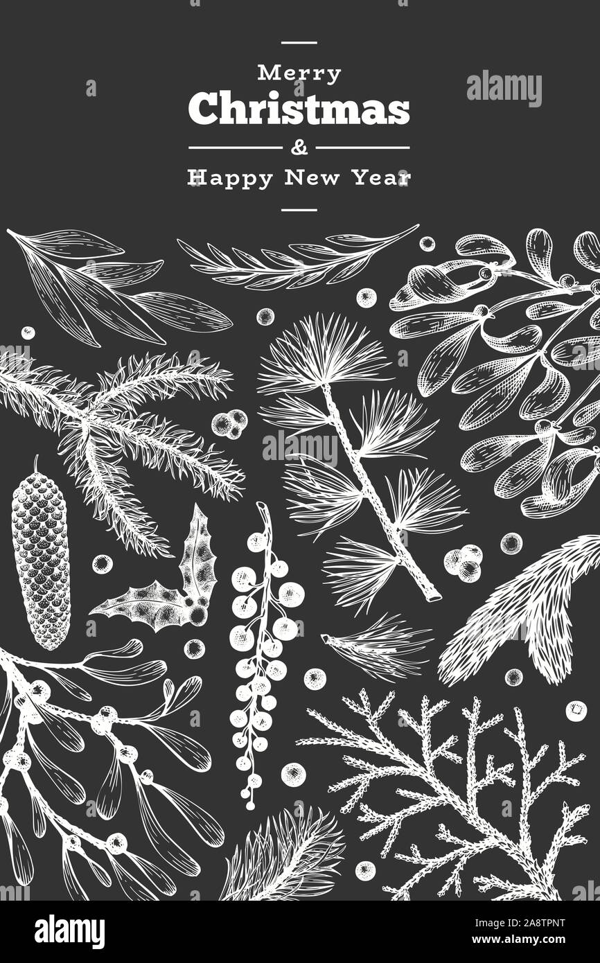 Christmas hand drawn vector greeting card template. Botanical design ...