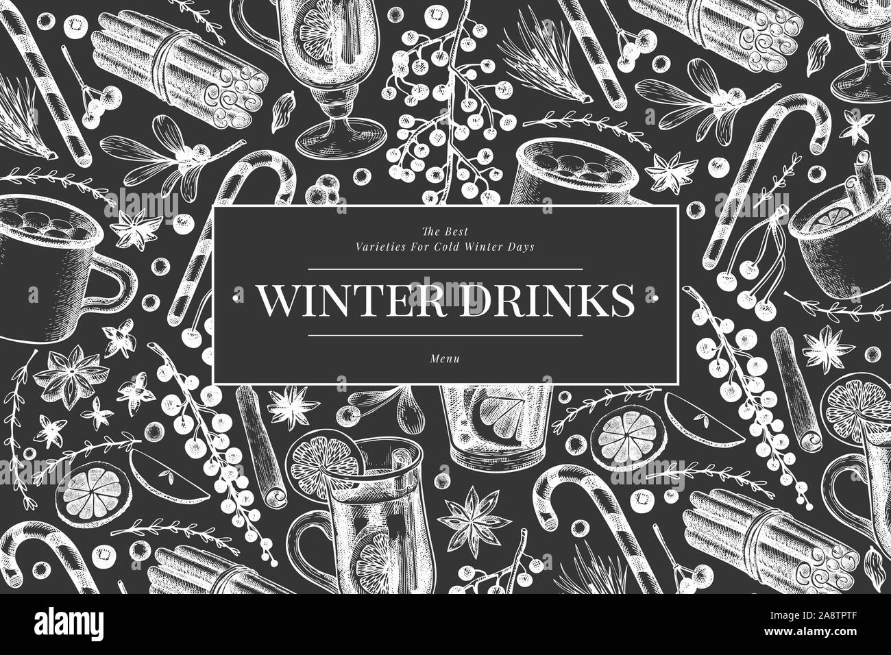 Winter drinks vector design template. Hand drawn engraved style mulled ...