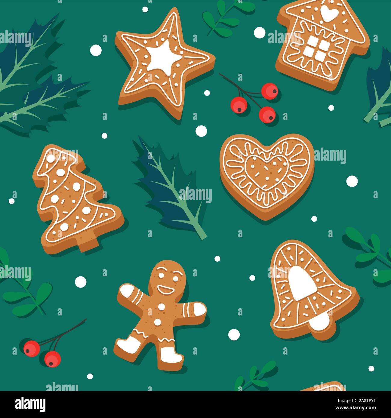 Gingerbread cookie pattern. Festive background with leaves and berries ...