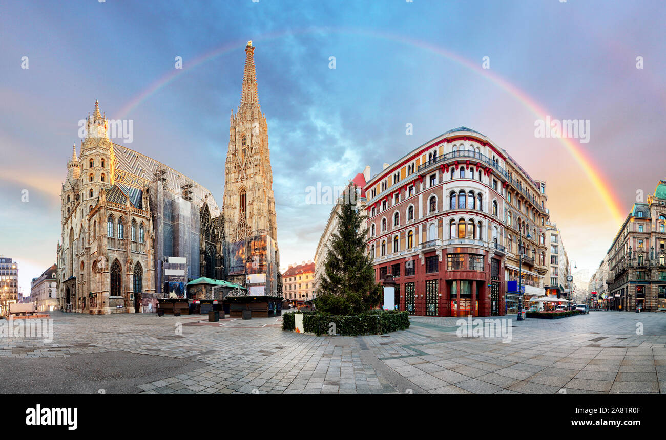 Panorama od Vienna square with rainbow - Stephens cathedral, nobody ...