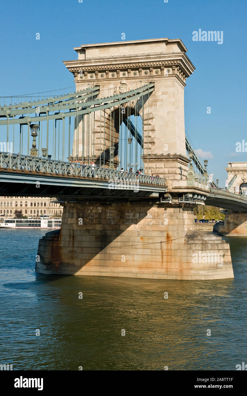 Tower of Budapest Chain Bridge. Looking toward Pest riverbank Stock ...