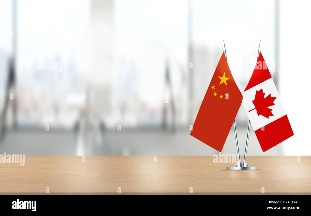 Chinese and Canadian flags are paired together. Realistic 3D lighting ...