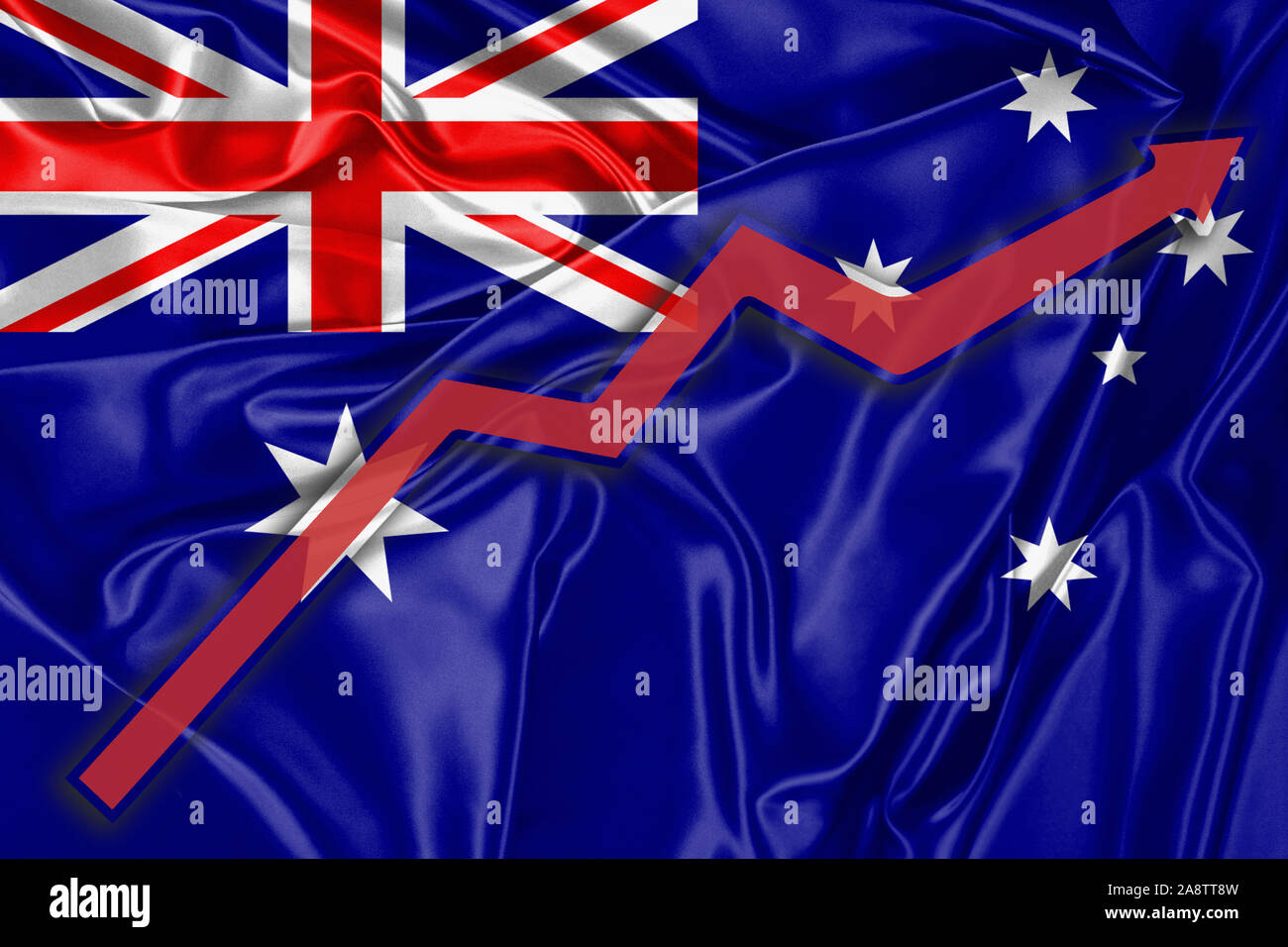 Shiny crippled Australian flag is with arrow symbol on it representing ...