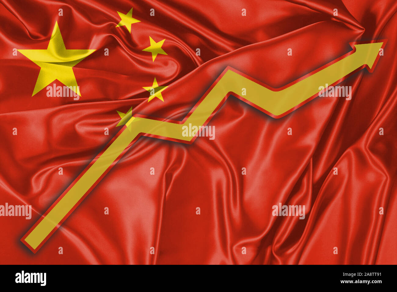 Shiny crippled Chinese flag is with arrow symbol on it representing ...