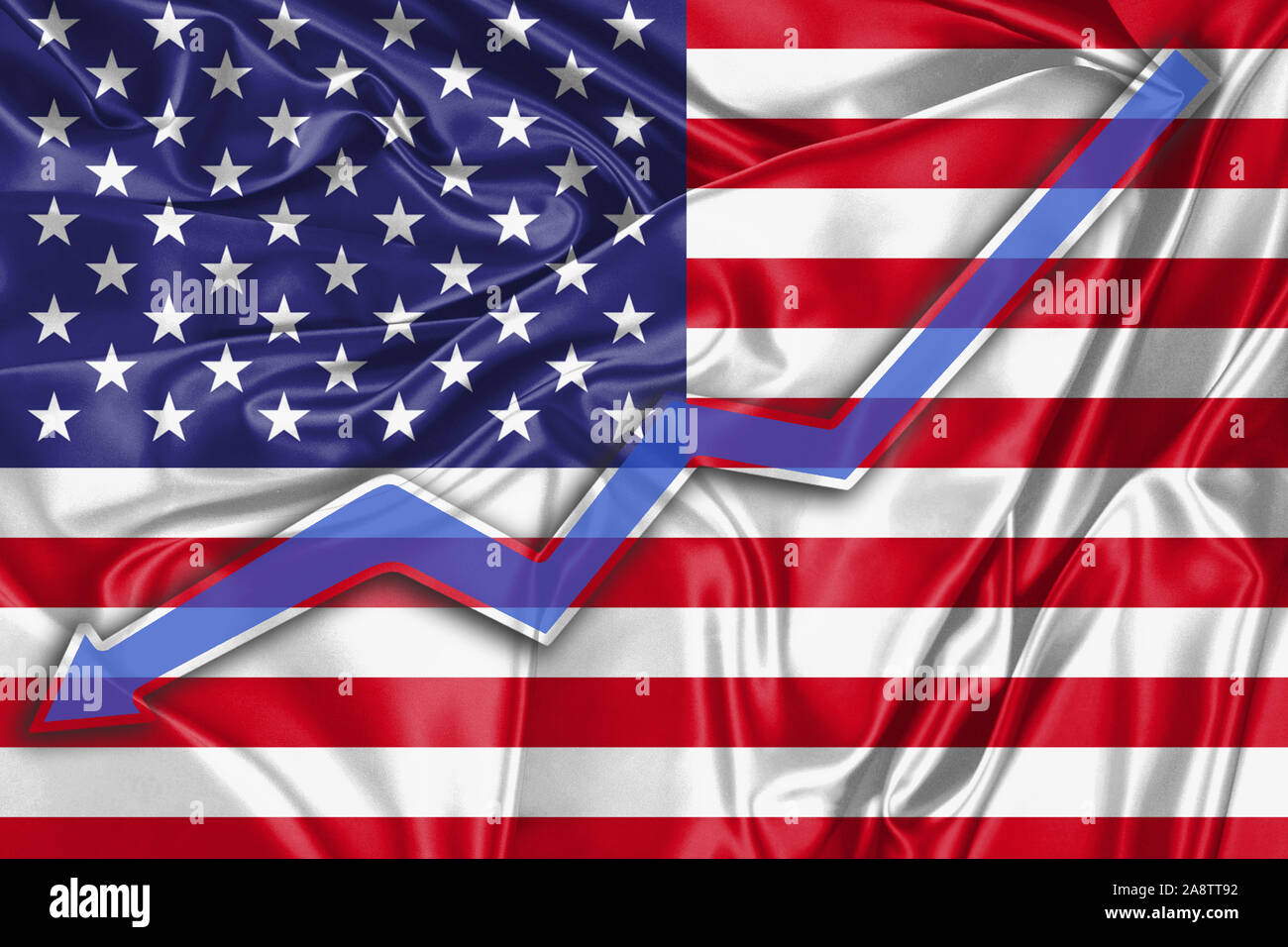 Shiny crippled USA flag is with arrow symbol on it representing economy ...