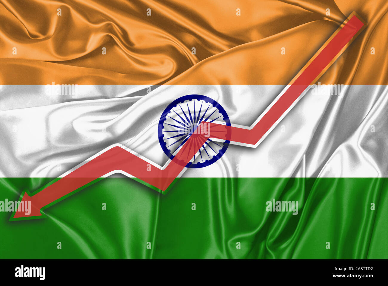 Shiny crippled Indian flag is with arrow symbol on it representing ...