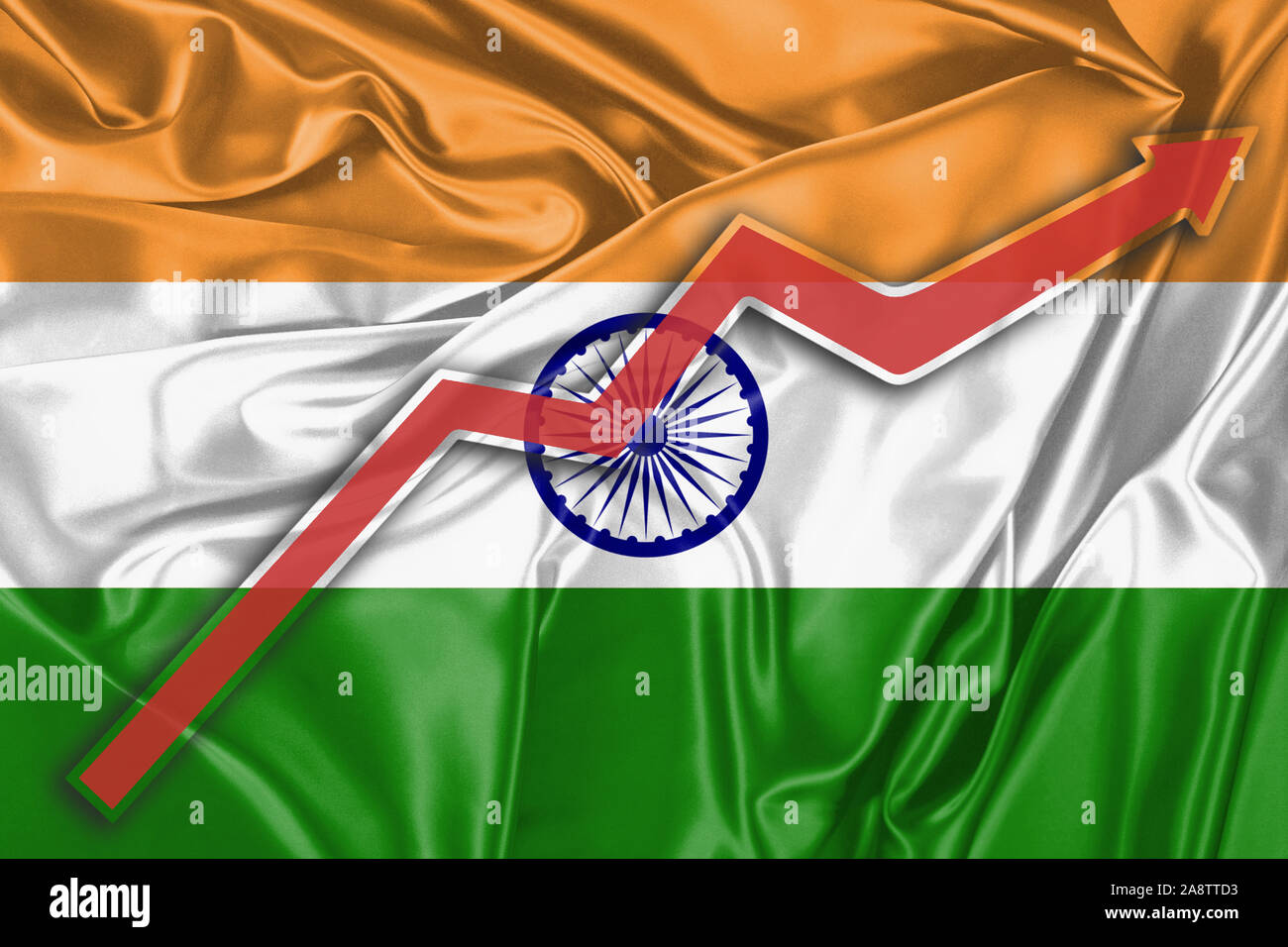 Shiny crippled Indian flag is with arrow symbol on it representing ...