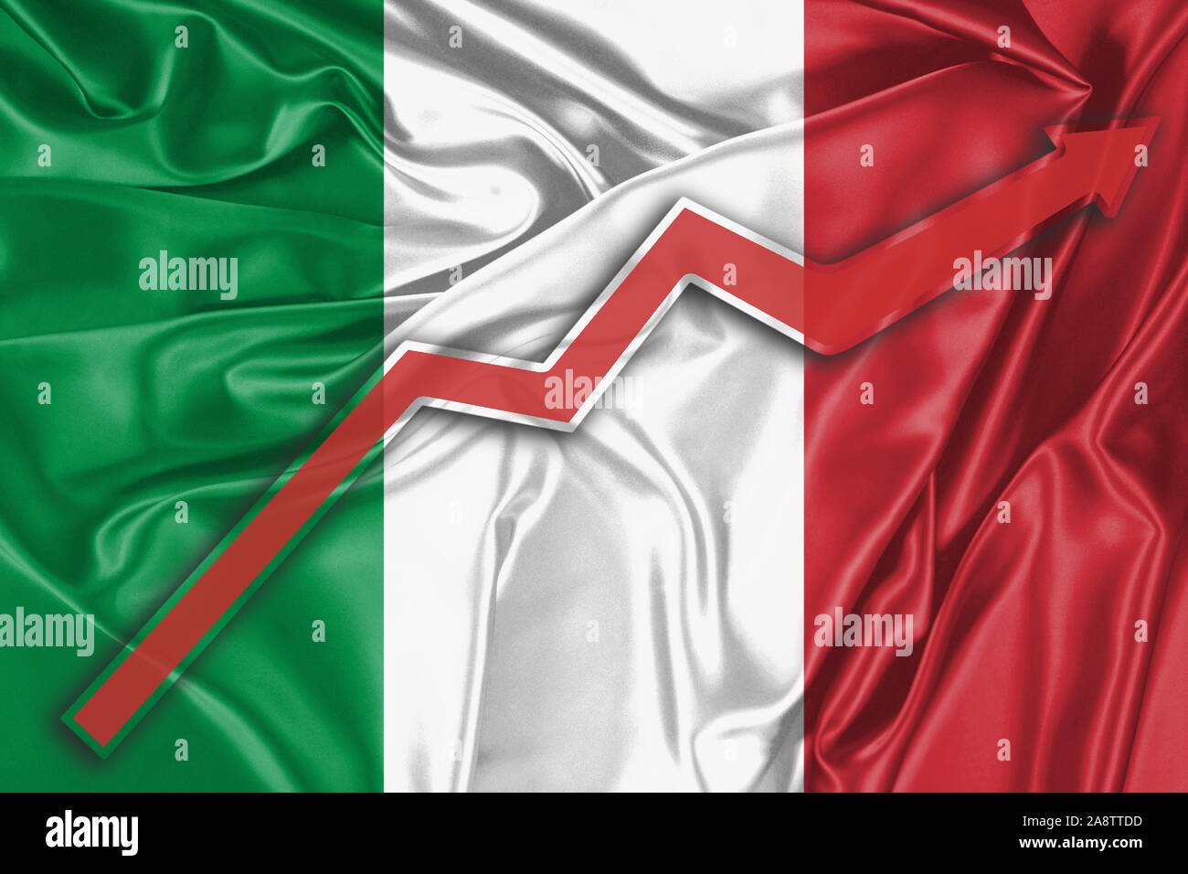 Shiny crippled Italian flag is with arrow symbol on it representing ...