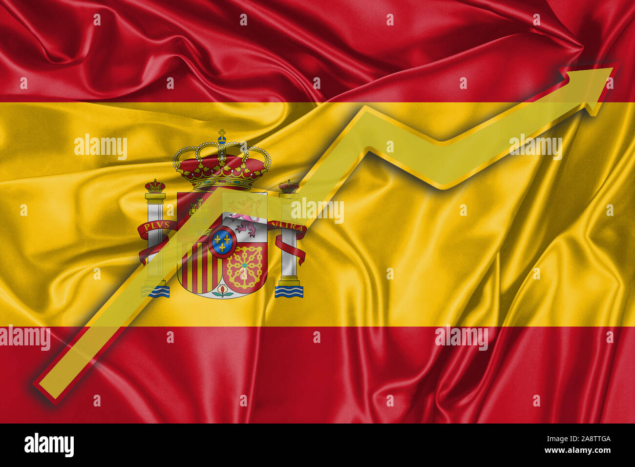Shiny crippled Spanish flag is with arrow symbol on it representing ...