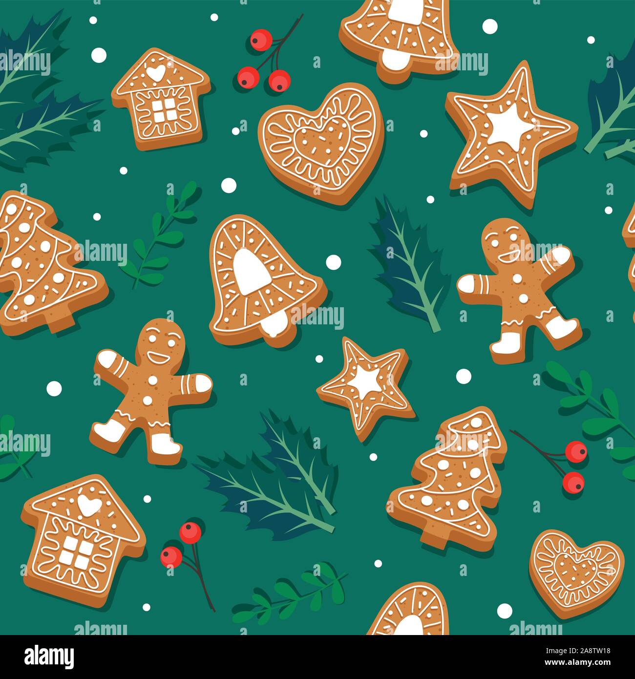 Gingerbread cookie pattern. Festive background with leaves and berries ...