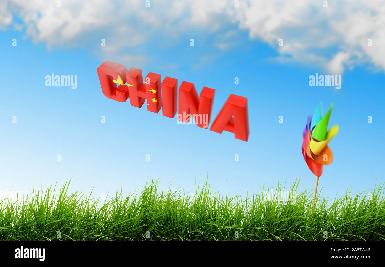 Chinese flag text is flying to the sky in front of a paper toy windmill ...