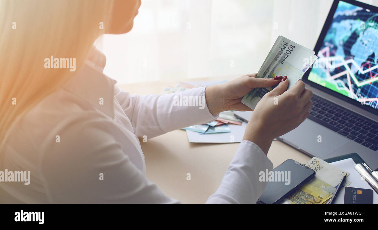 Business Woman Counting Money. Close up of female hands counting euro ...