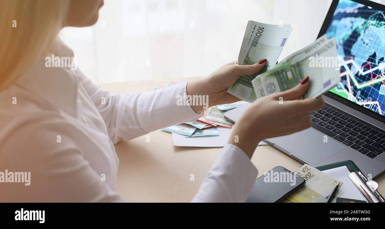 Business Woman Counting Money. Close up of female hands counting euro ...