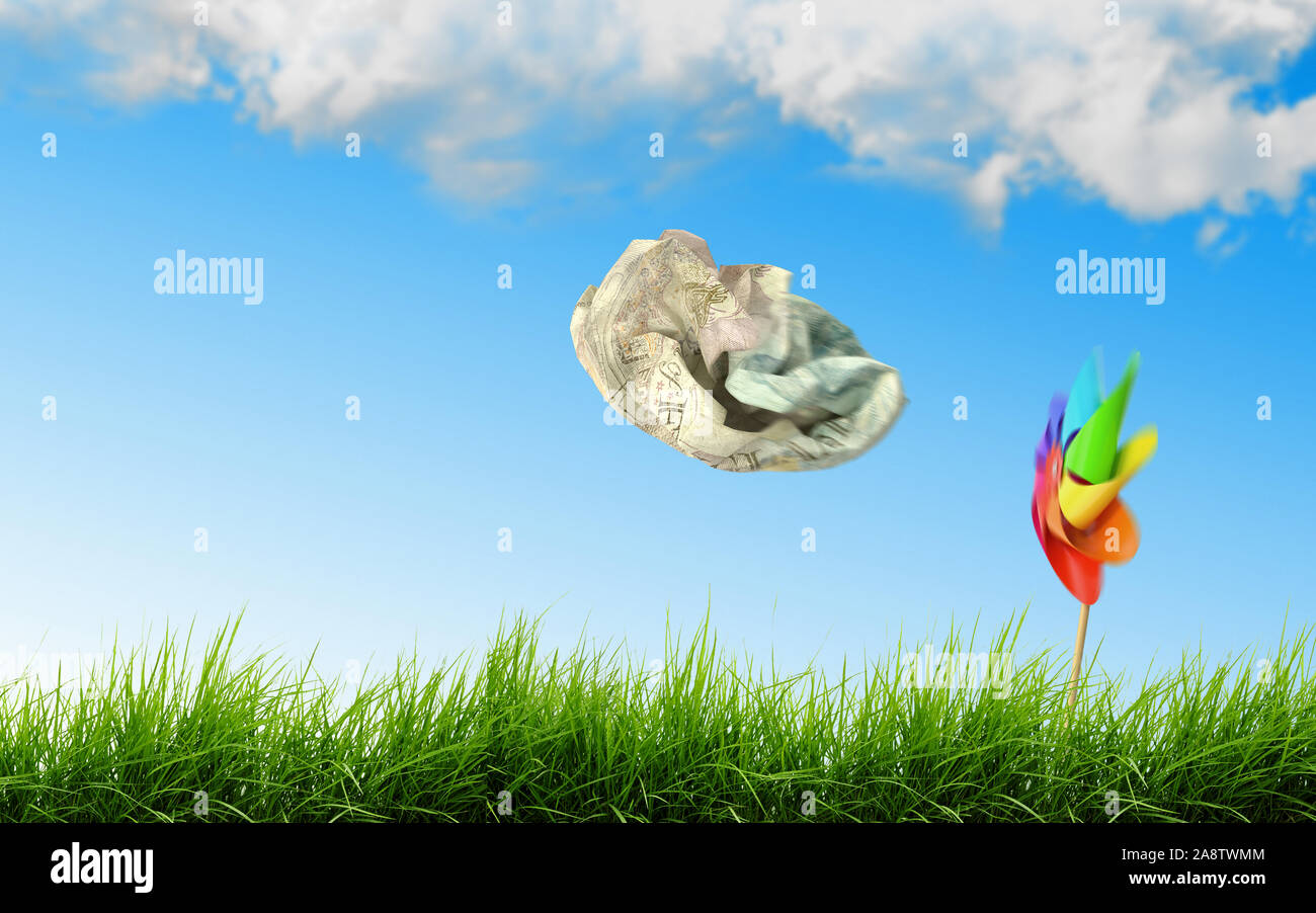 Crumpled Five Pound is flying to the sky in front of a paper toy ...