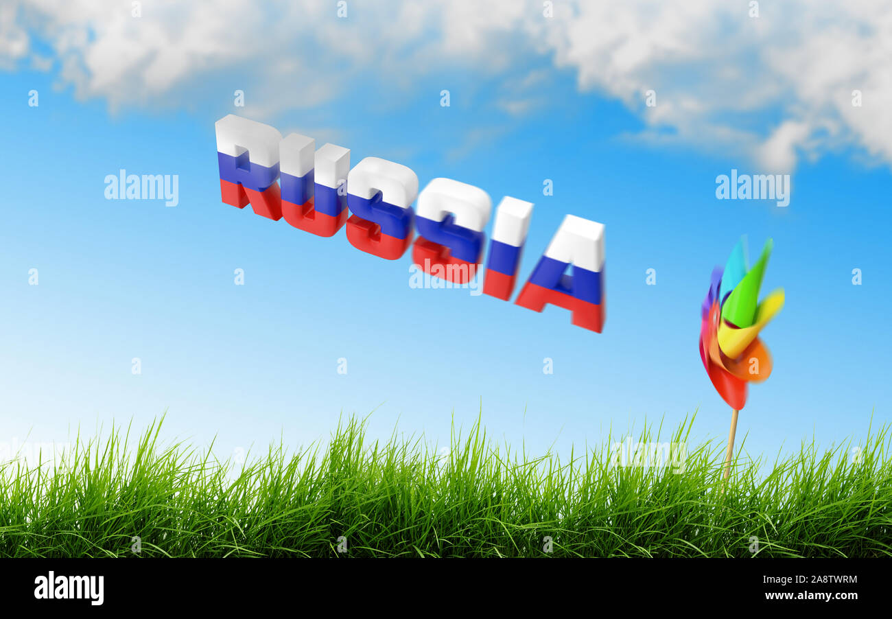 Russian flag text is flying to the sky in front of a paper toy windmill ...