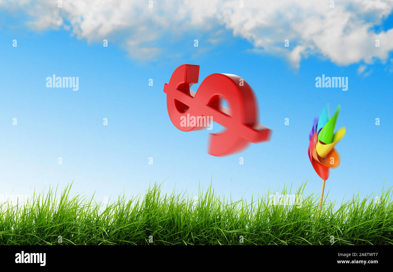 Red dollar sign is flying to the sky in front of a paper toy windmill ...