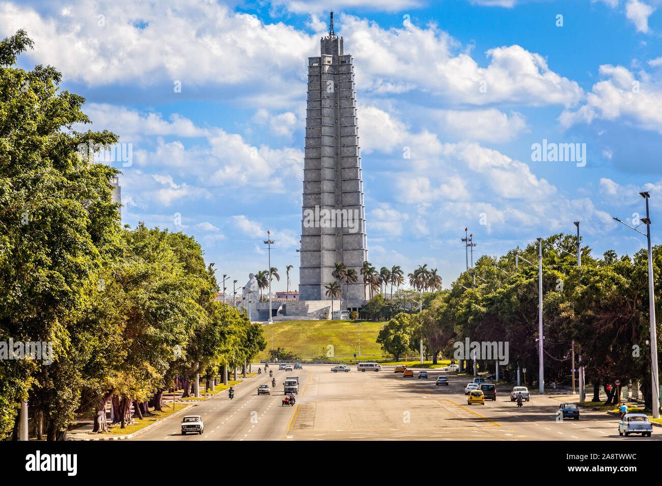 Havana square view with monument, memorial tower and road with traffic ...