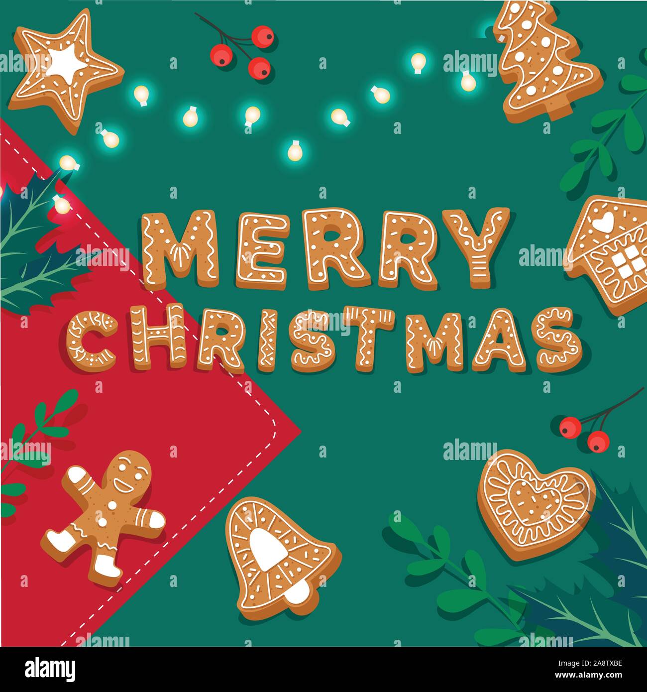 Merry Christmas card template with gingerbread letters and cookies ...