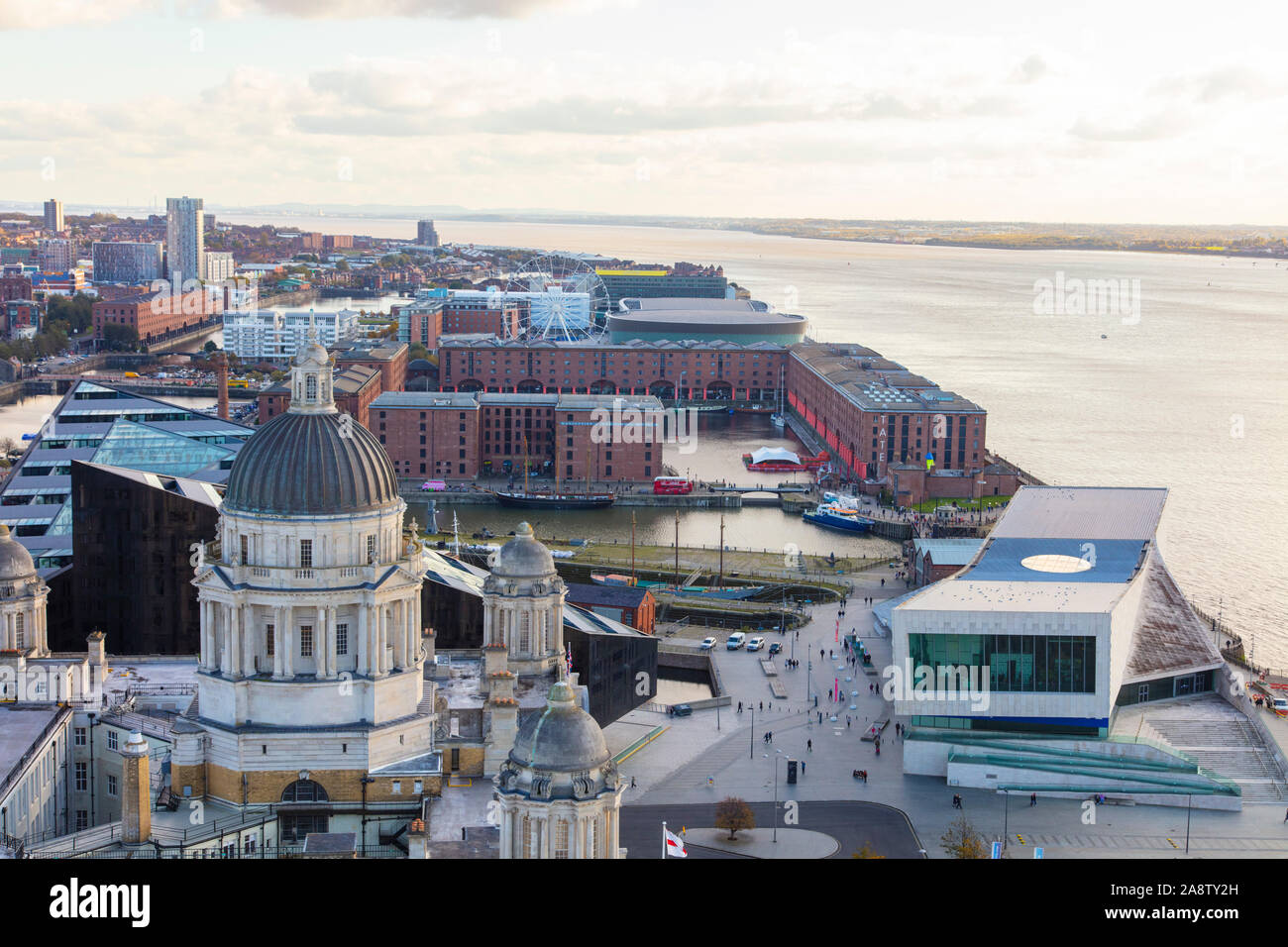 Liverpool, UK - October 30 2019: High aerial view over the city of ...