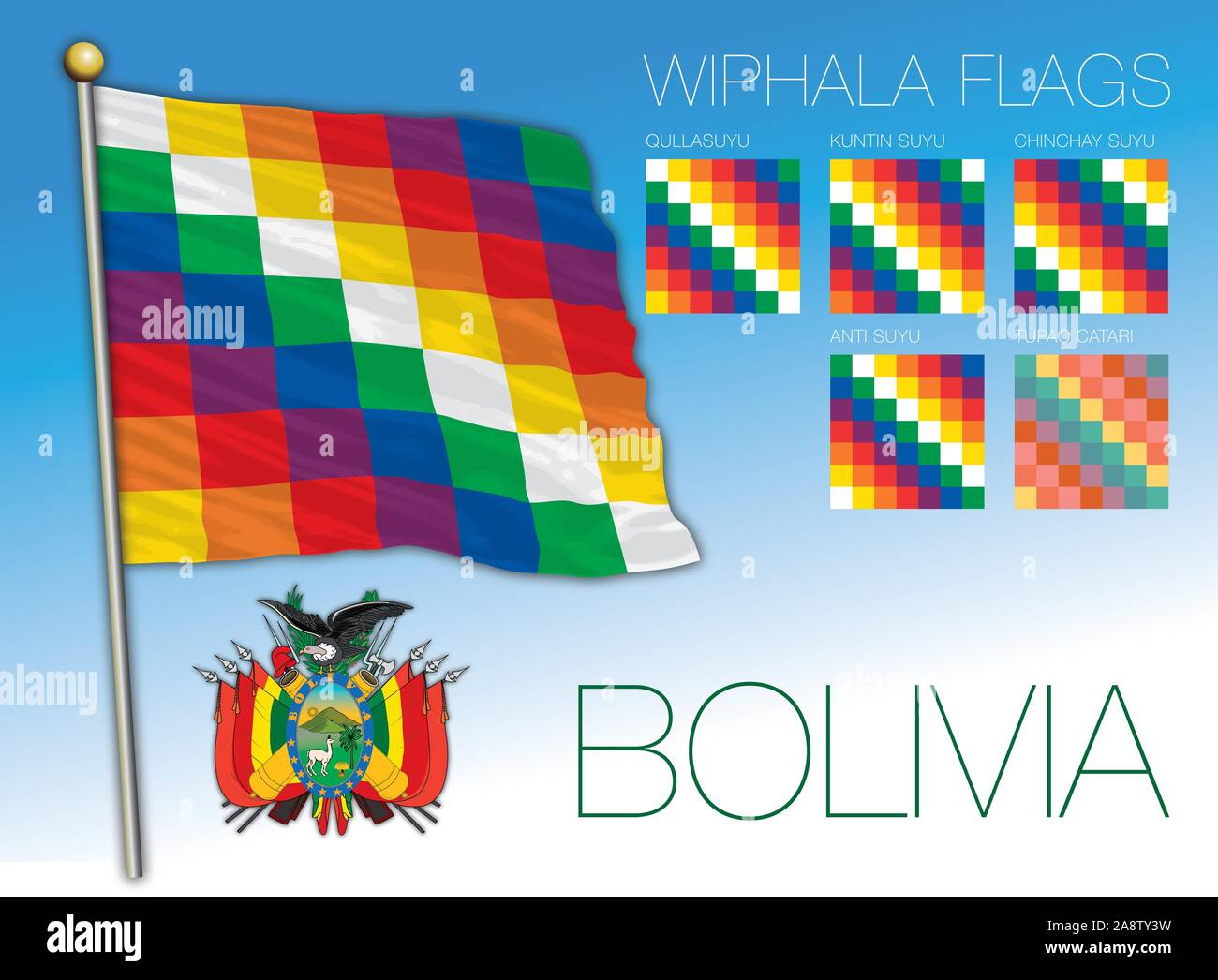 Wiphala official flags and Bolivian coat of arms, Bolivia, vector ...